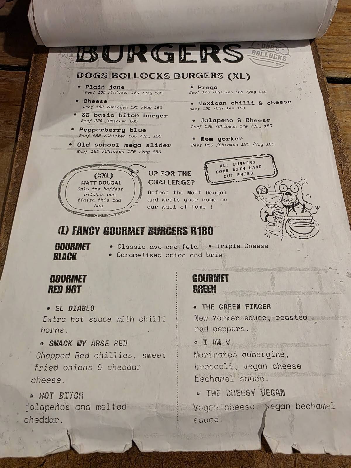 Menu at The Dog's Bollocks at YARD restaurant, Cape Town