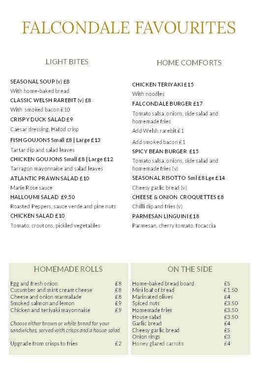 Menu at The Falcondale hotel and restaurant, Lampeter