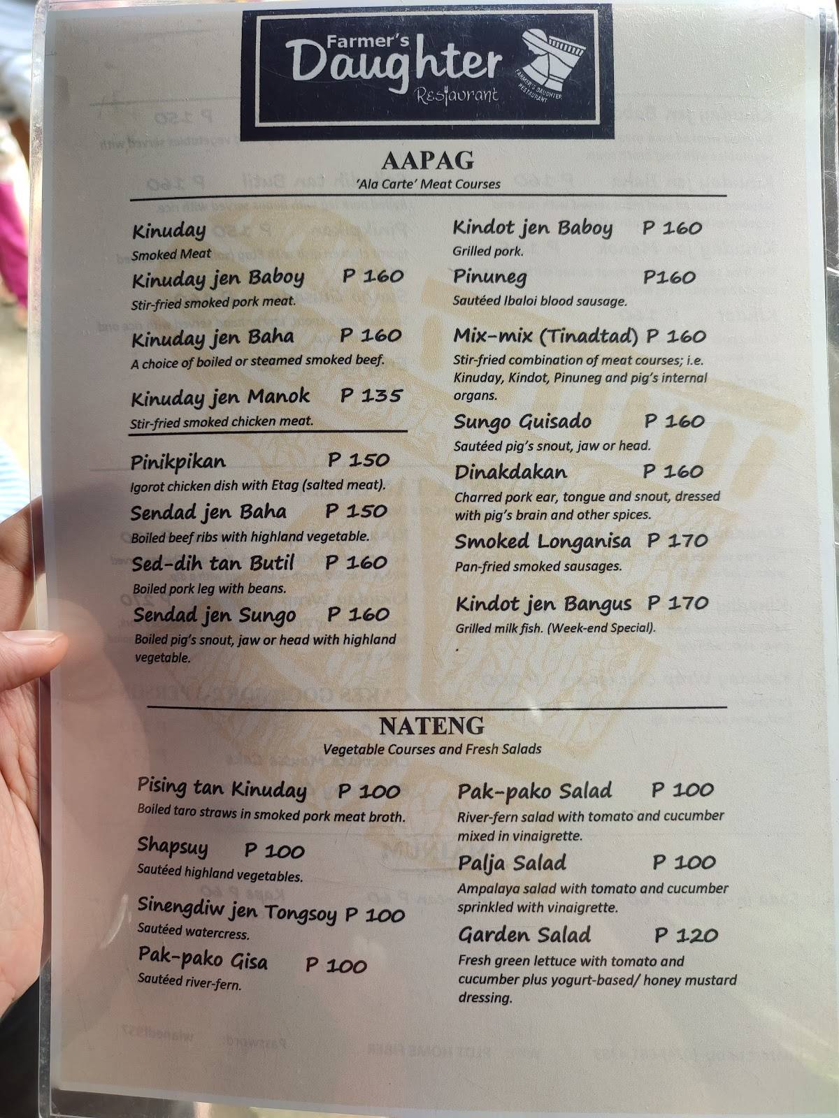 Menu at The Farmer's Daughter Restaurant, Baguio