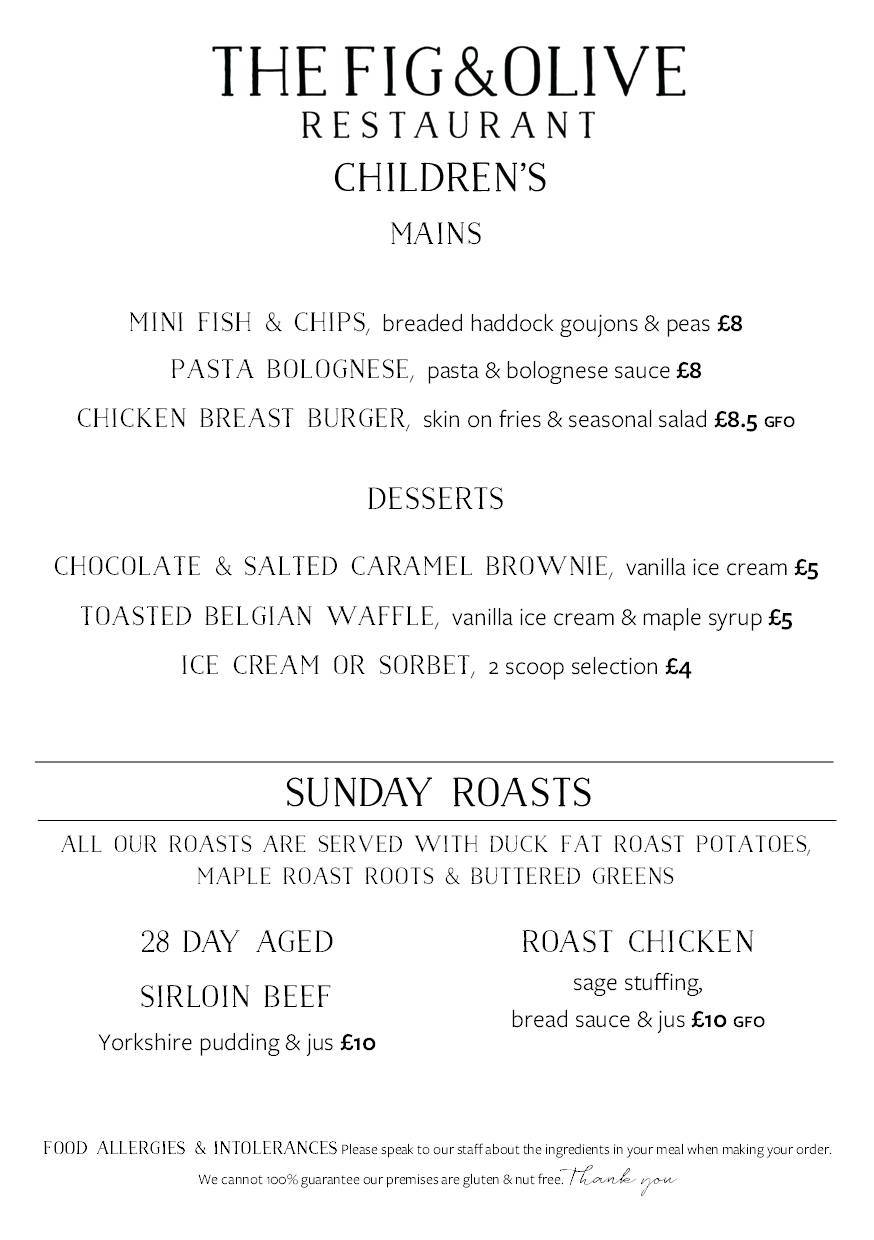 Menu at The Fig & Olive restaurant, Tamworth