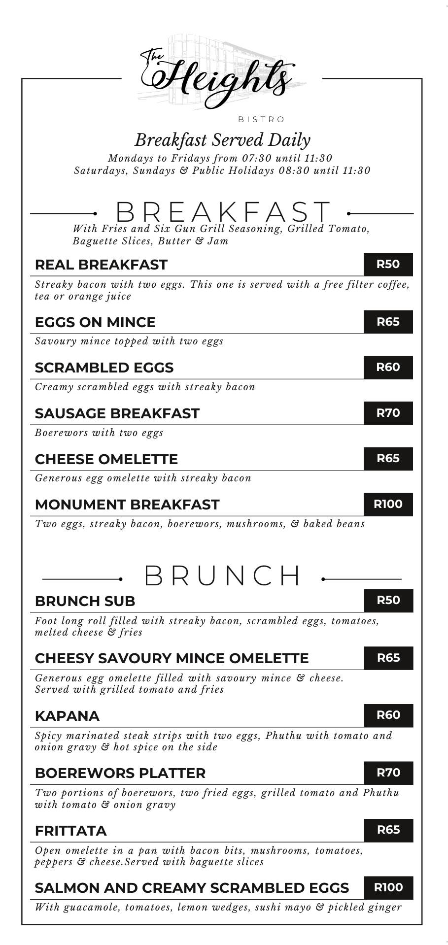 Menu at The Heights Restaurant & Bistro, Kimberley