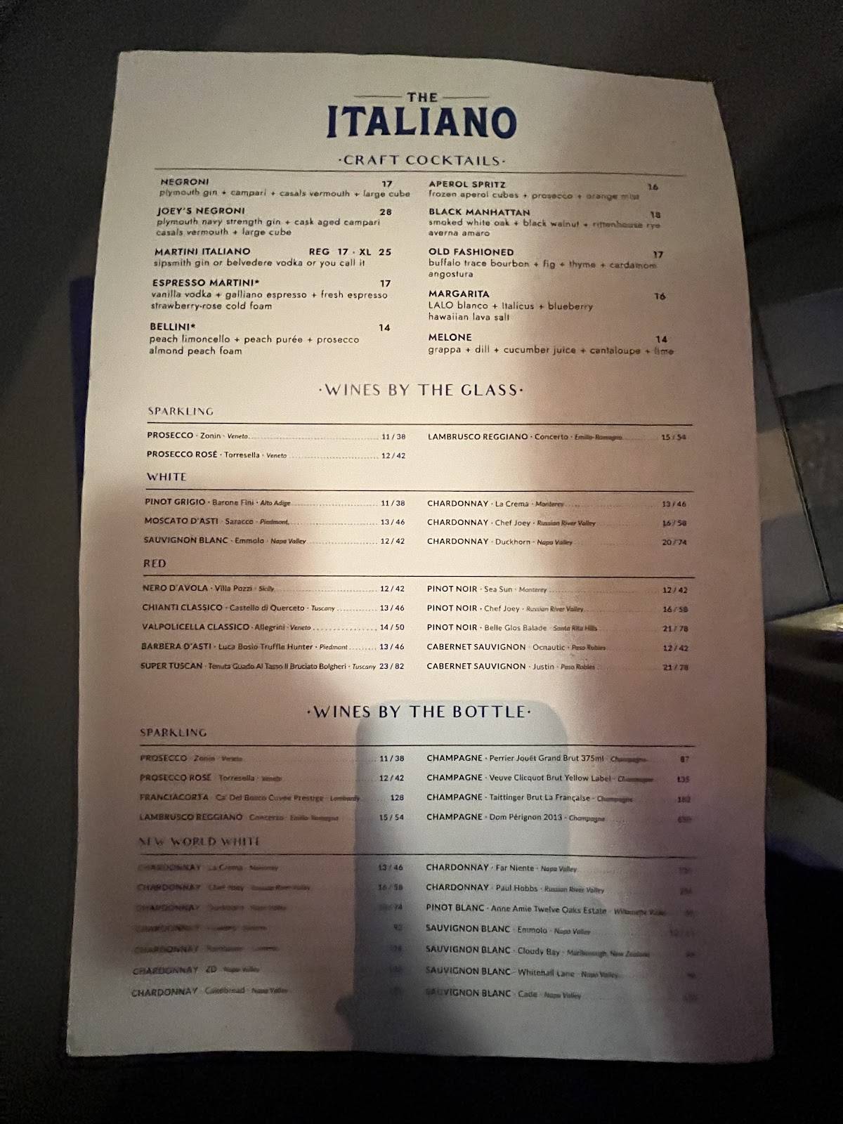 Menu at The Italiano restaurant, Scottsdale