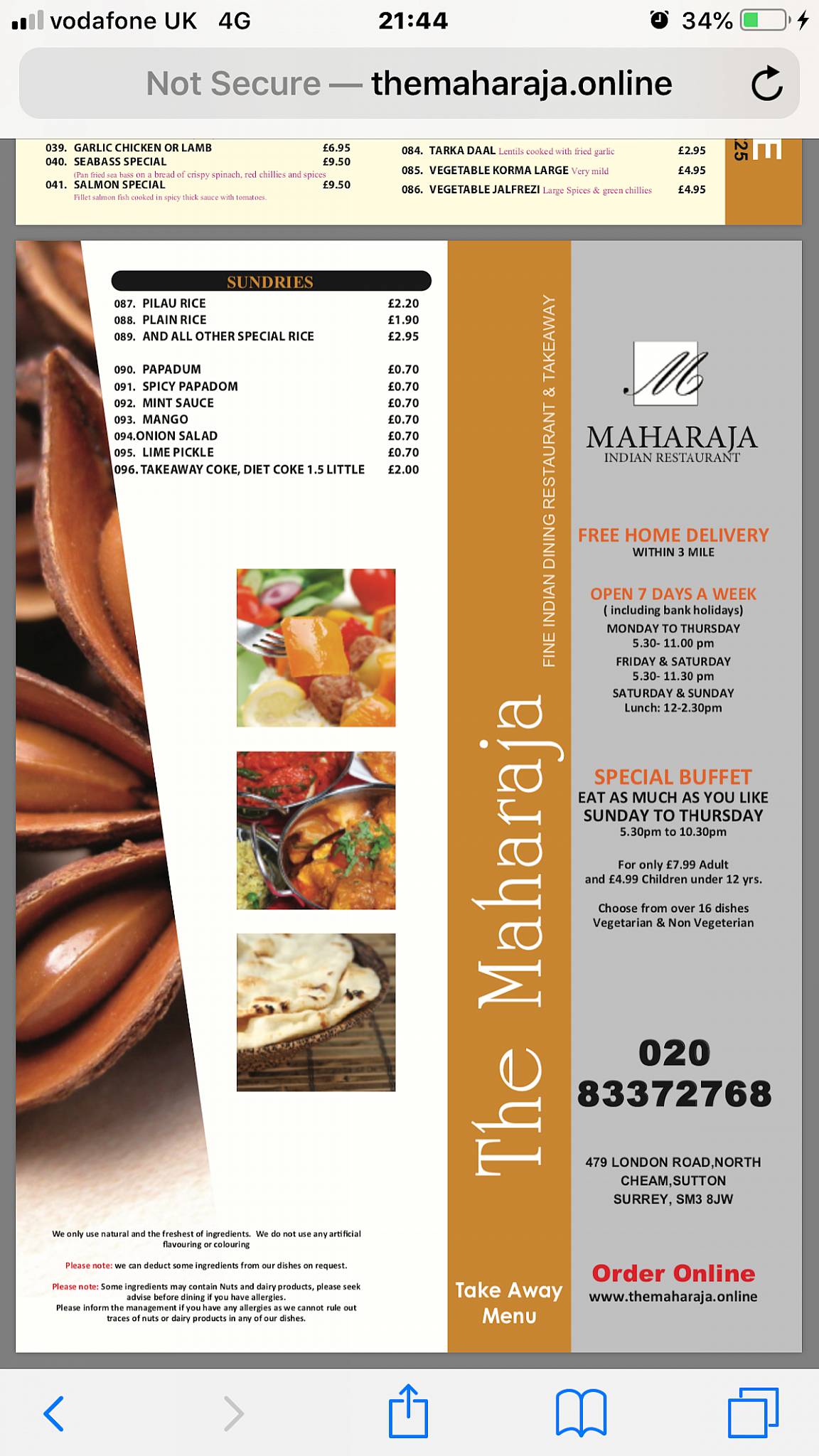Menu at The MAHARAJA restaurant, Sutton, 481 London Rd