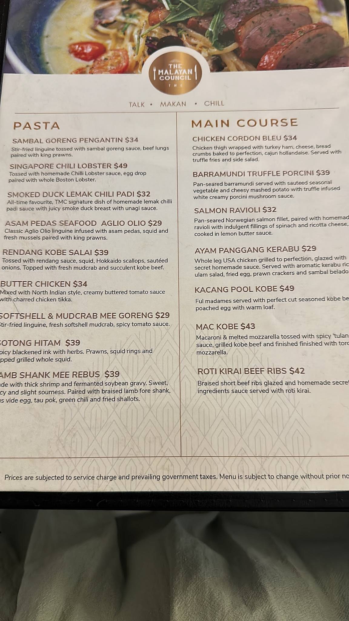 Menu at The Malayan Council - Bussorah restaurant, Singapore, 71 ...