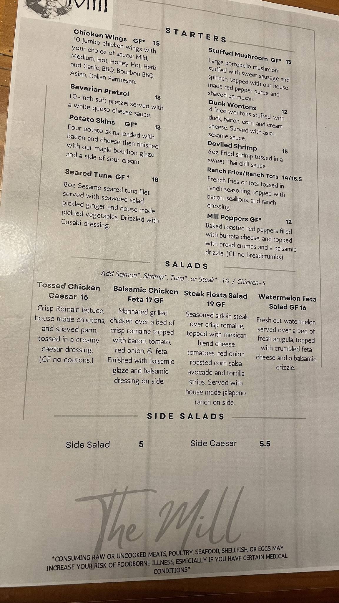 Menu at The Mill restaurant, Old Forge, NY-28