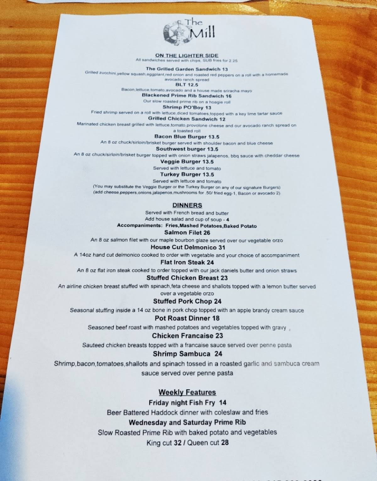 Menu at The Mill restaurant, Old Forge