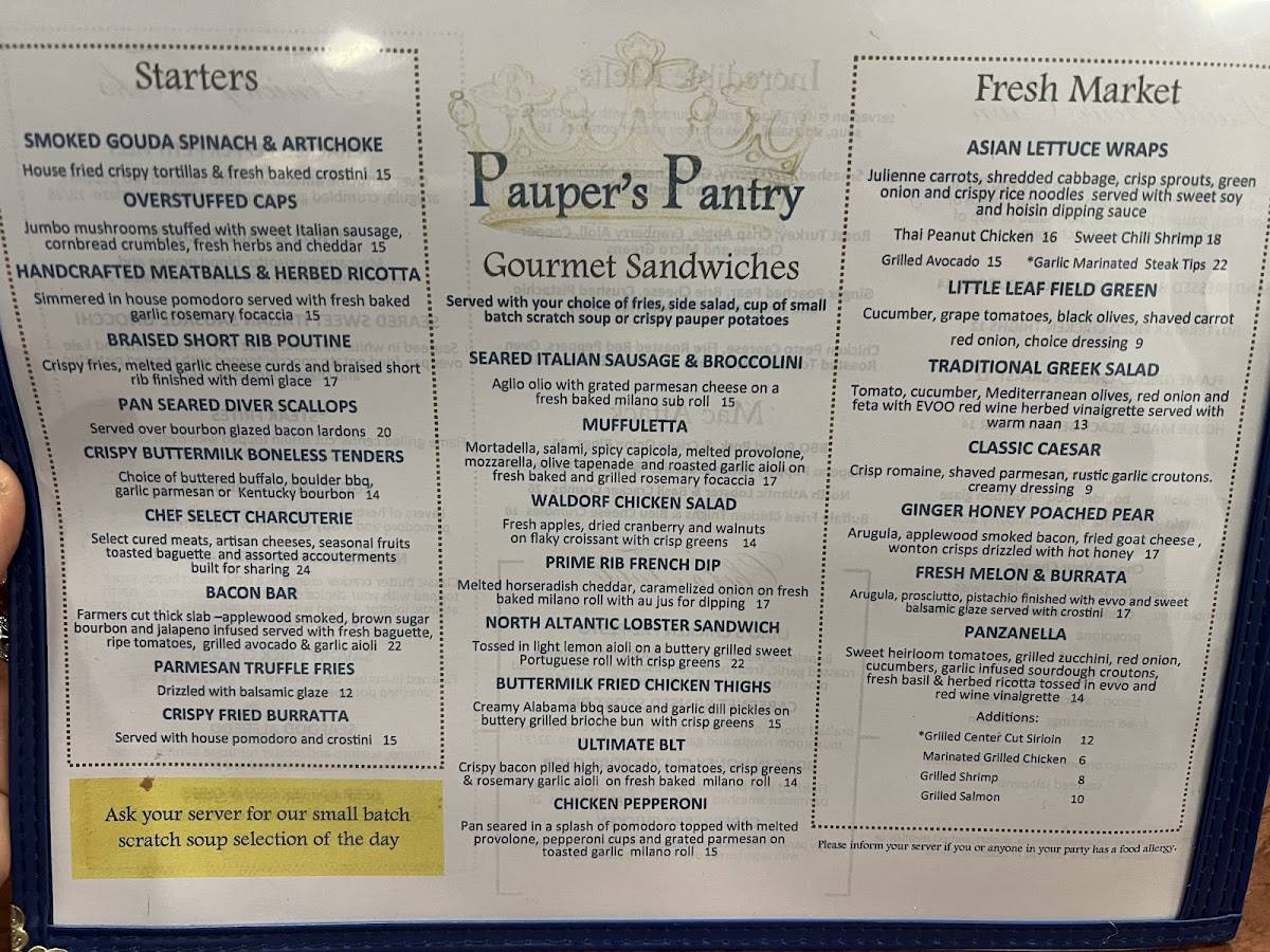 Menu at The Pauper's Pantry restaurant, Fitchburg
