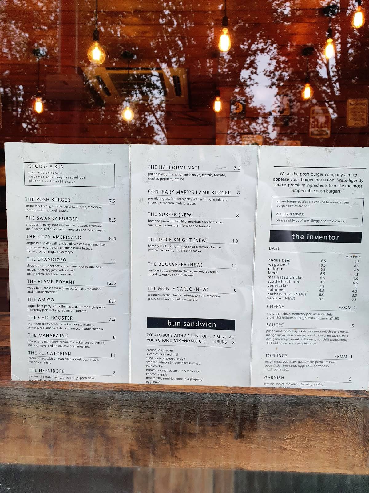 Menu at The Posh Burger restaurant, London
