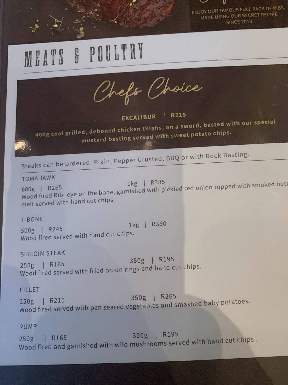 Menu at The Rock Kyalami restaurant, Midrand