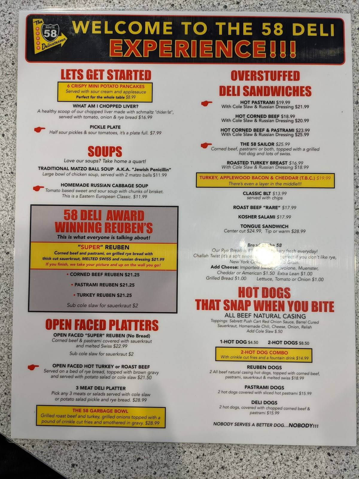 Menu at The Route 58 Deli restaurant, Virginia Beach