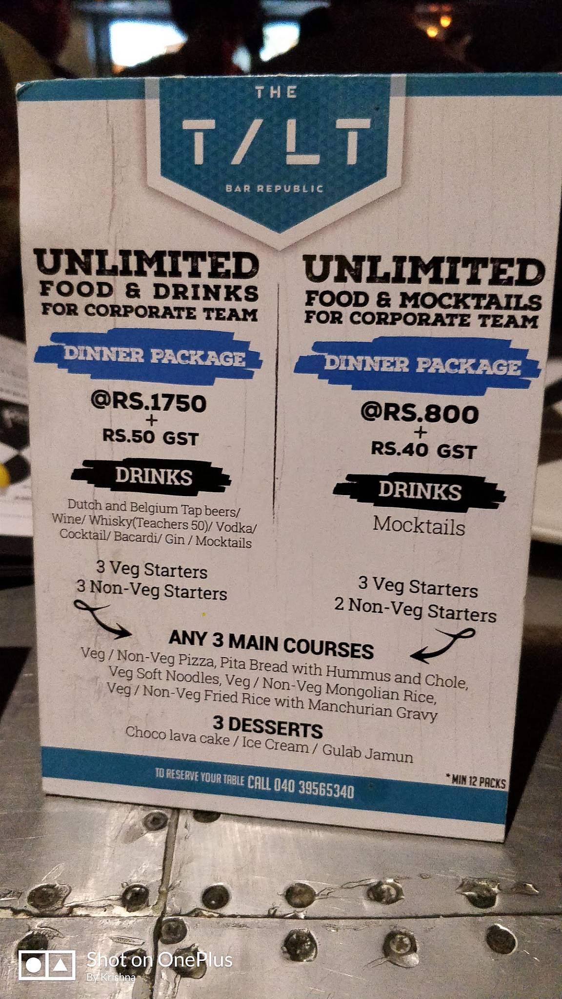 Menu at The TILT Bar Republic (European Bar), Hyderabad