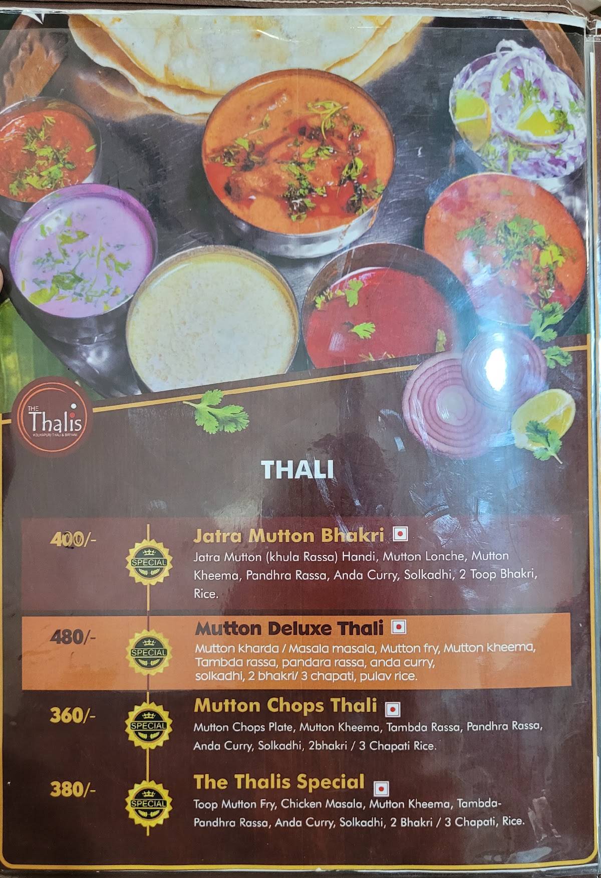 Menu at The Thalis Kolhapuri Thali Best Non veg thali in kolhapur, Kolhapur