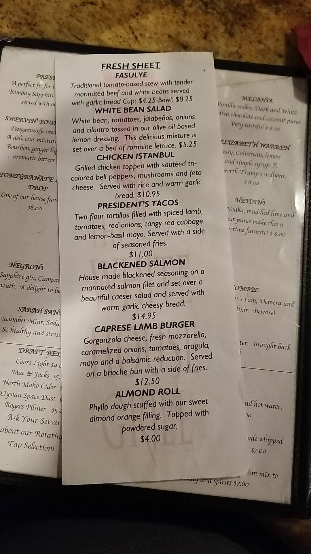 Menu at The White House Grill restaurant, Post Falls