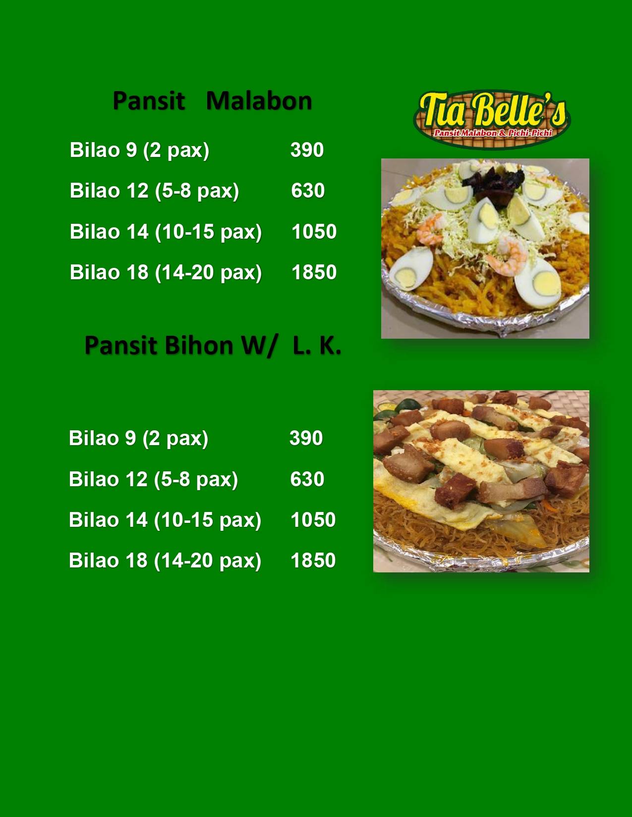 Menu at Tia Belle' Restaurant - Pansit Malabon & Pichi-Pichi, Silang