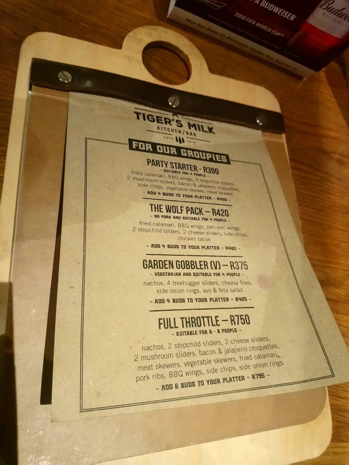 Menu at Tiger's Milk Claremont restaurant, Cape Town, 21 Dreyer St