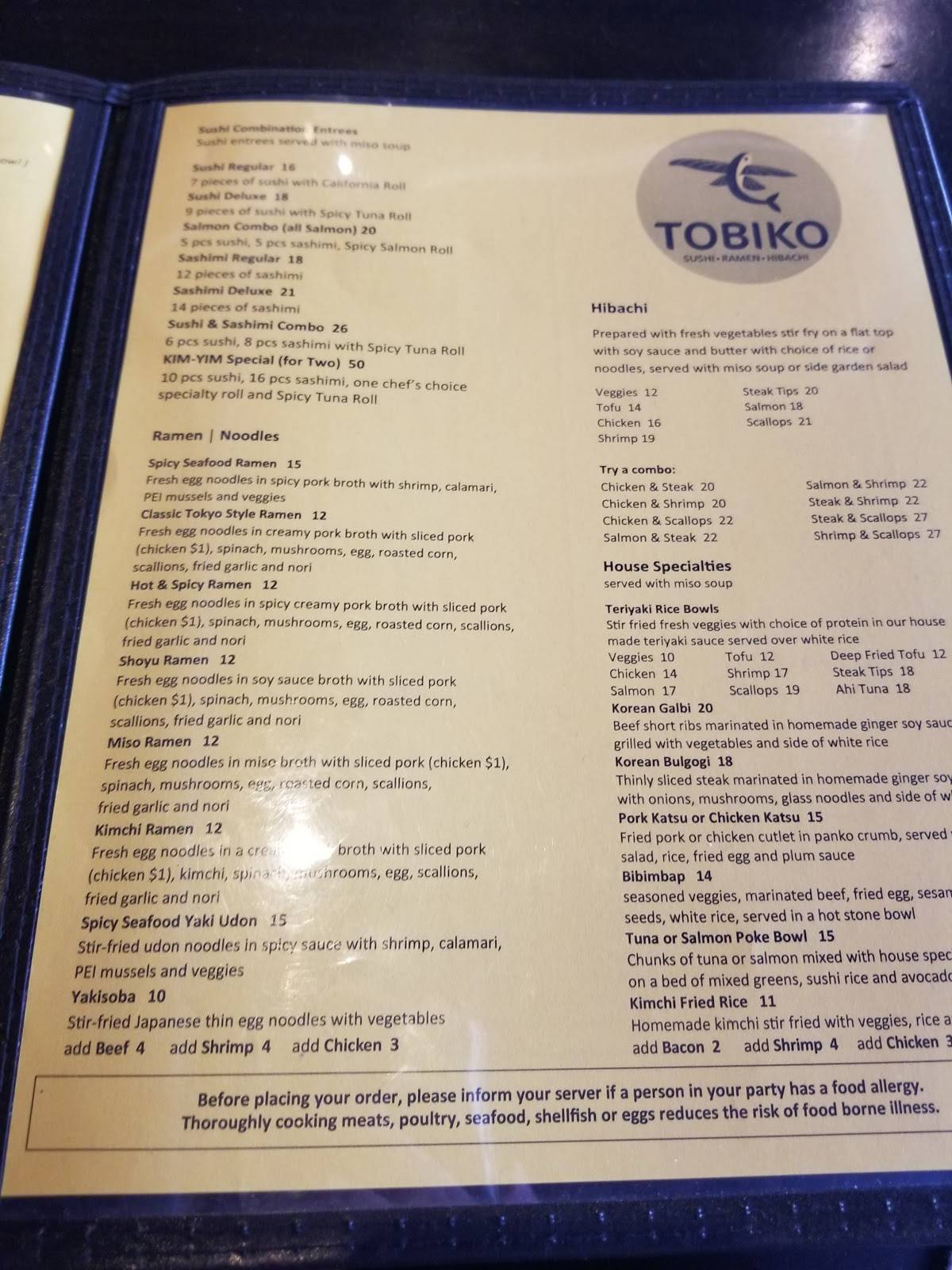 Menu at Tobiko Sushi restaurant, Westfield