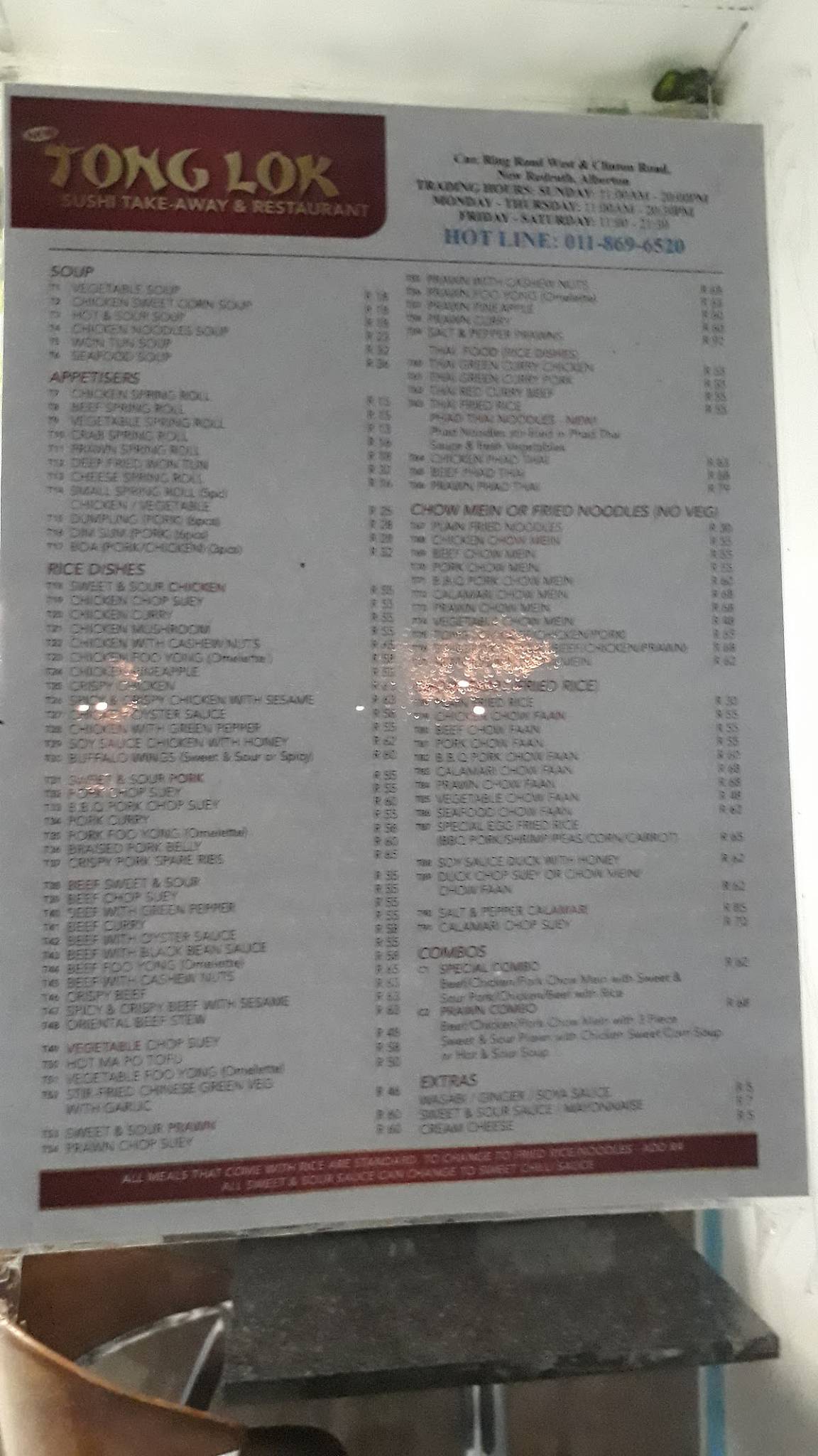 Menu at Tong Lok restaurant, New Redruth, Alberton Crossing