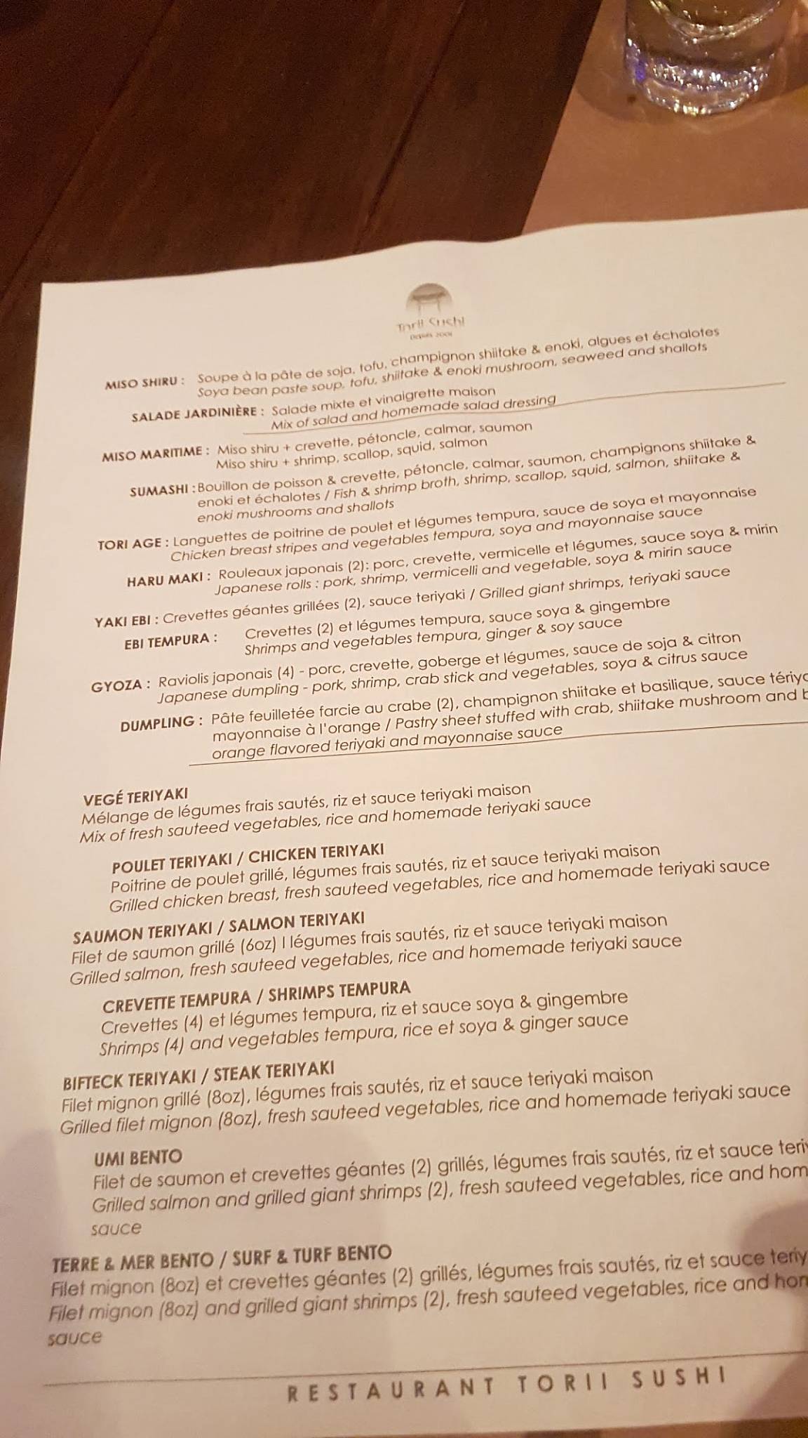 Menu au Restaurant Torii Sushi, Laval