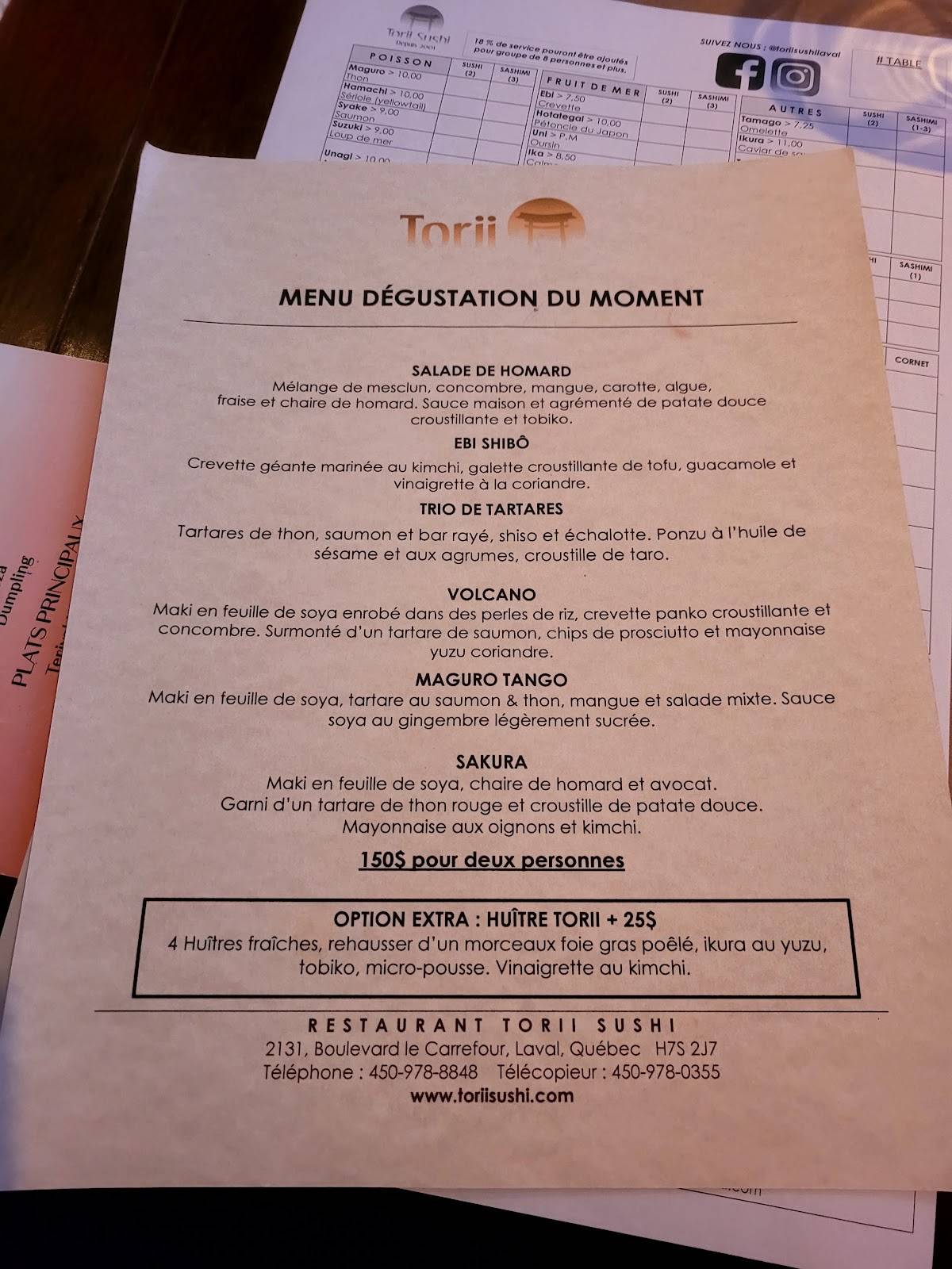 Menu au Restaurant Torii Sushi, Laval