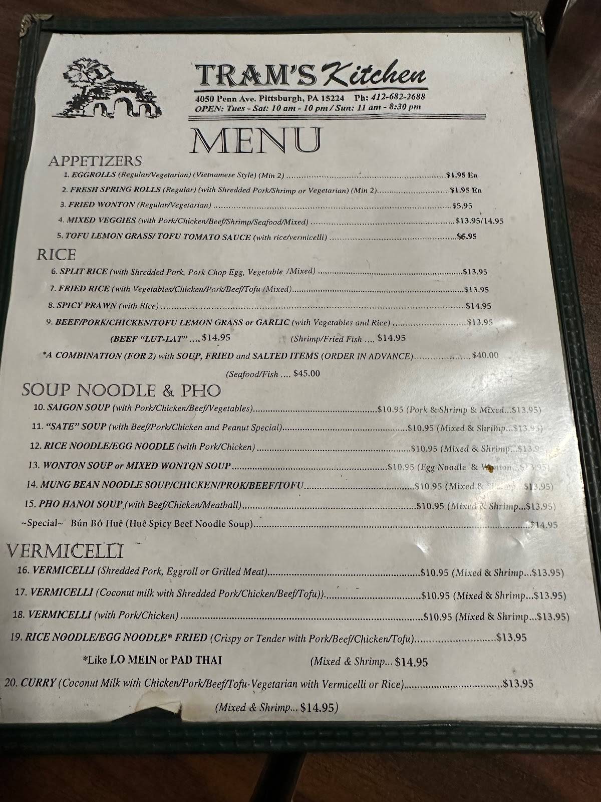 Menu at Tram's Kitchen restaurant, Pittsburgh