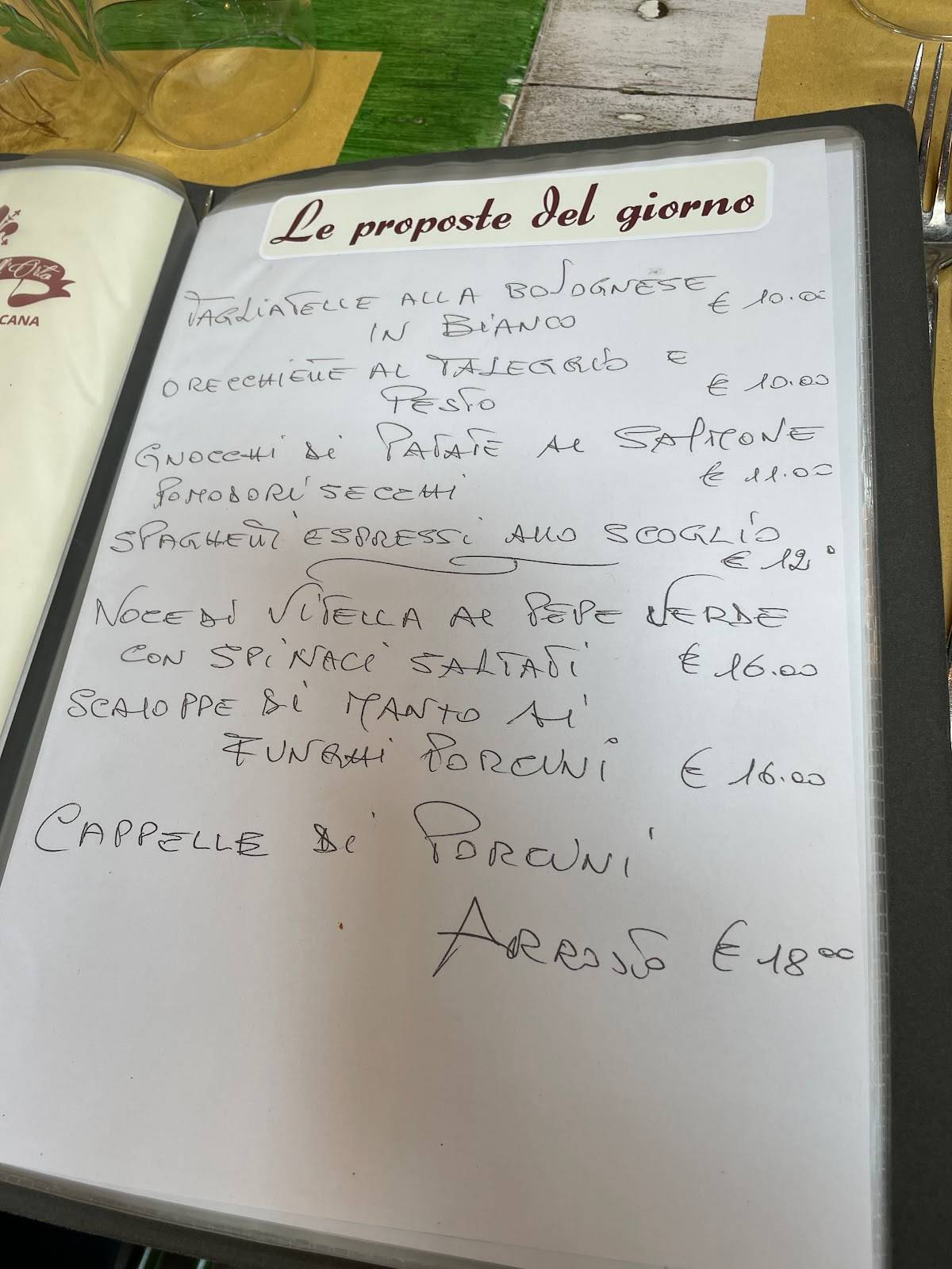 Menu at Trattoria Dell'Orto restaurant, Florence, Via dell'Orto