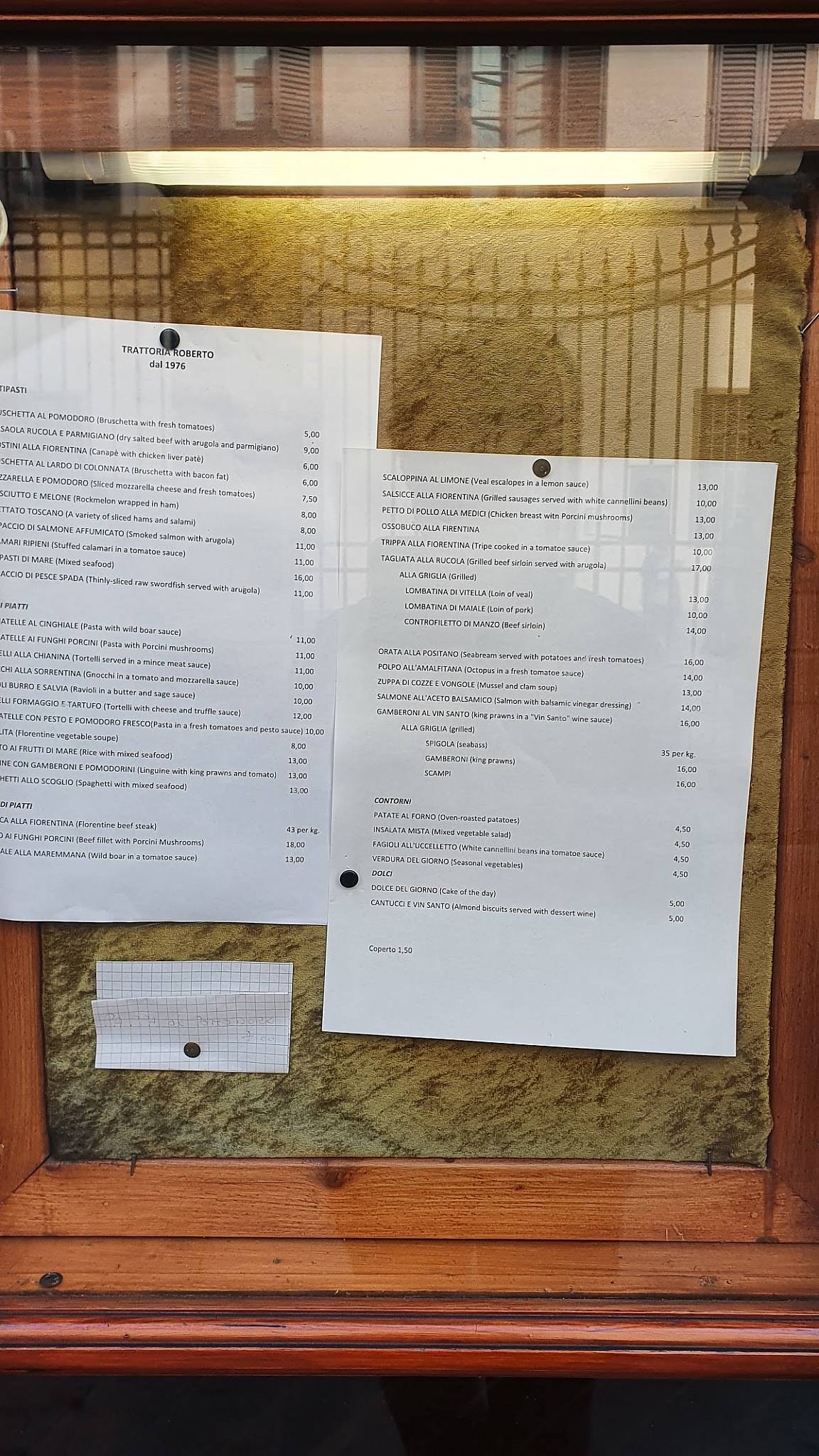 Menu at Trattoria Roberto restaurant, Florence