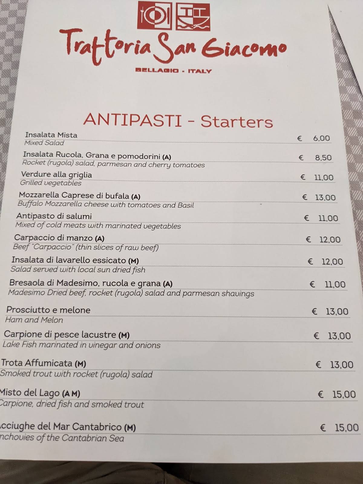 Menu at Trattoria San Giacomo restaurant, Bellagio