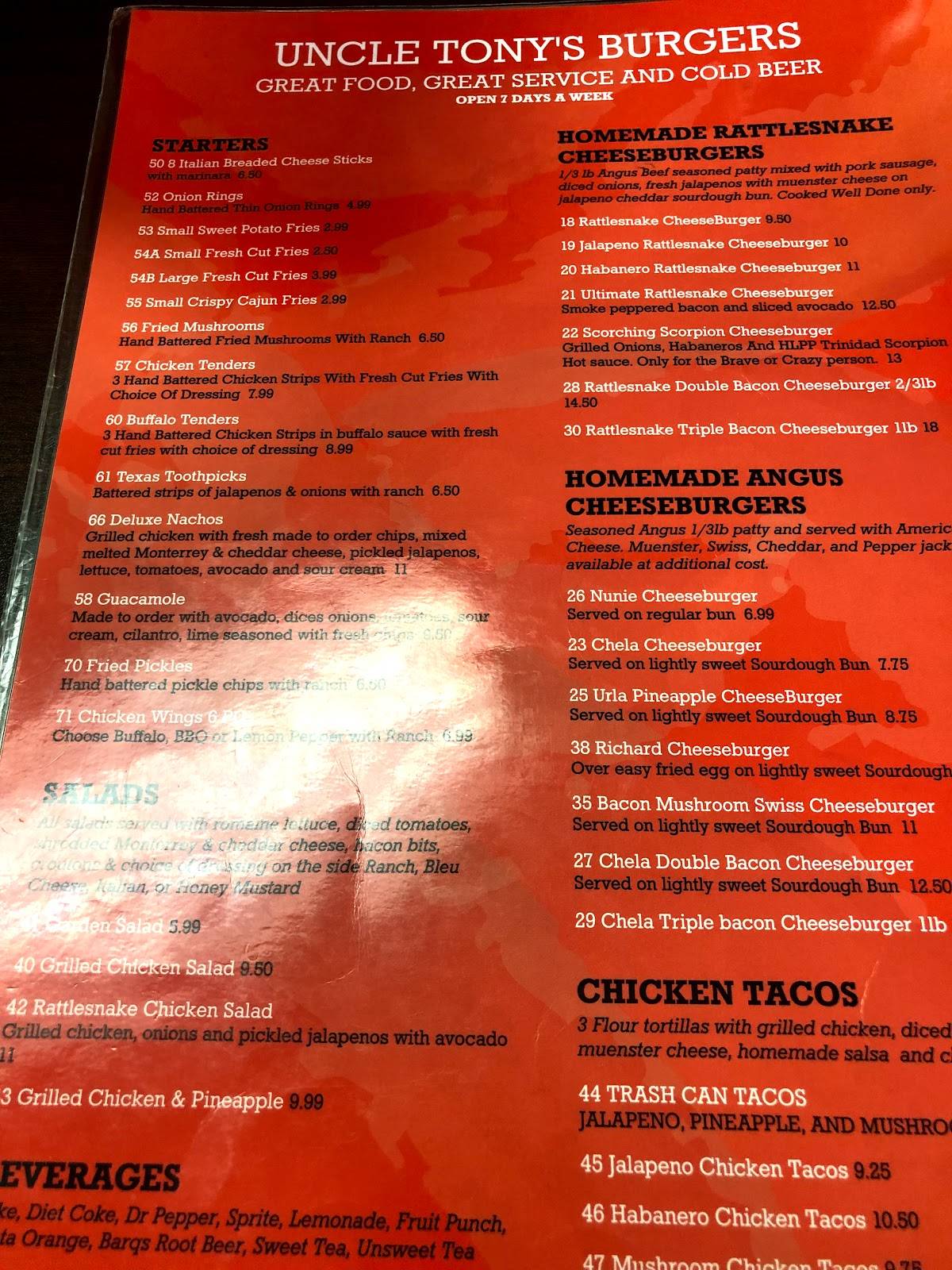 Menu at Uncle Tony's Cafe, Spring, 314 Sawdust Rd #108