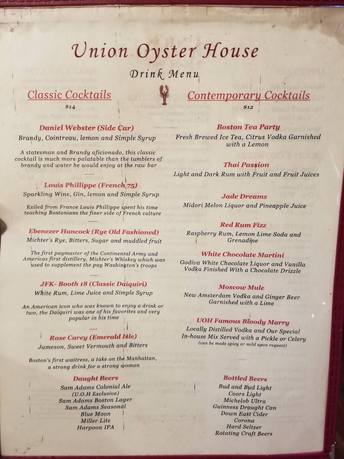 Menu at Union Oyster House restaurant, Boston