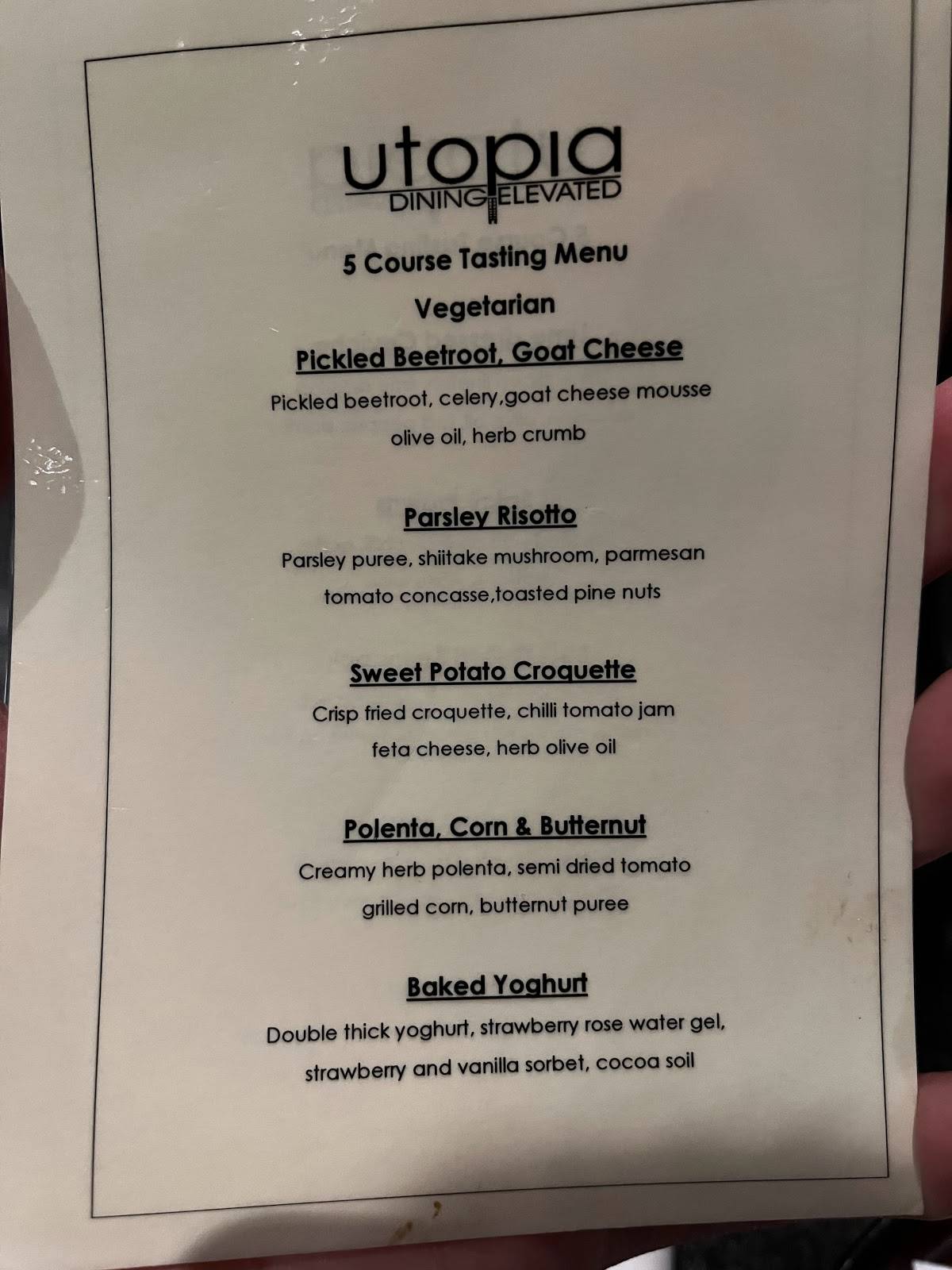 Menu at Utopia Cape Town restaurant, Cape Town, 15th floor