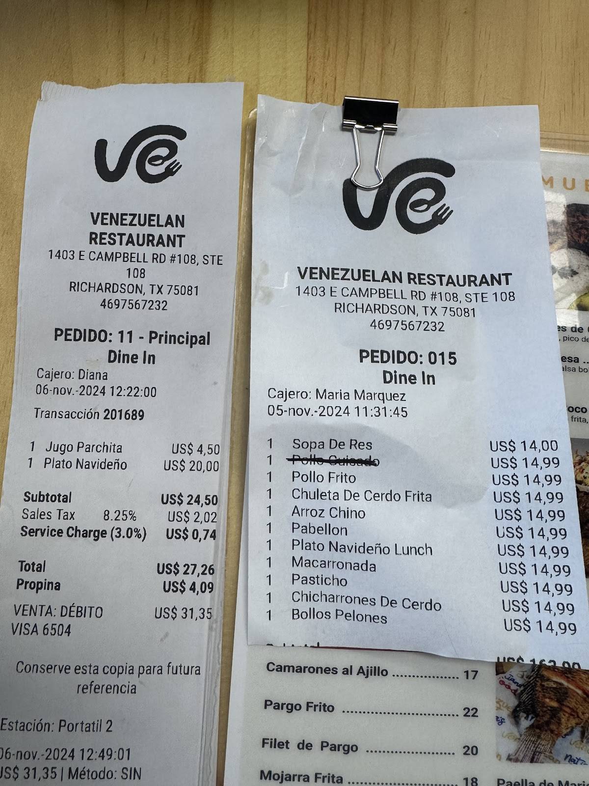 Menu at VENEZUELAN RESTAURANT, Richardson