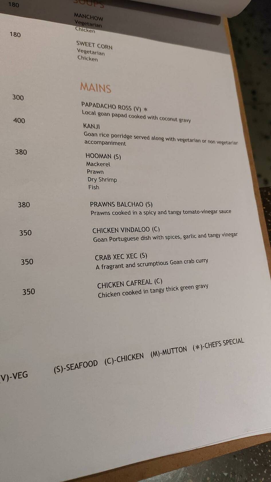 Menu at VIDA, Margao