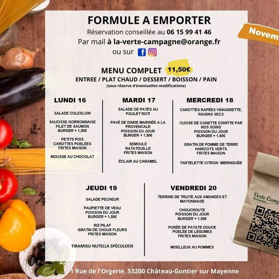 Menu at Verte Campagne restaurant, Château-Gontier