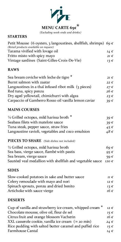 Menu au Vive Restaurant, Paris