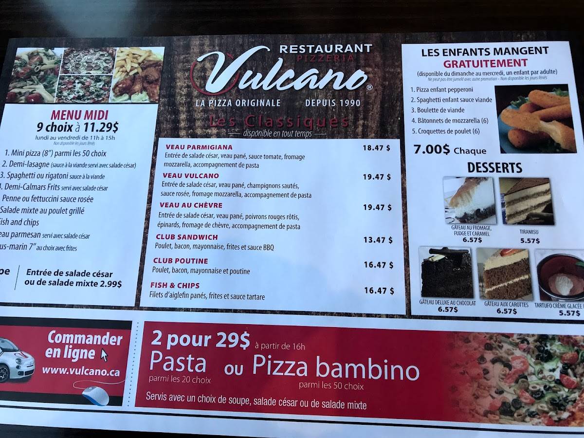 Menu au Restaurant Vulcano, Mascouche