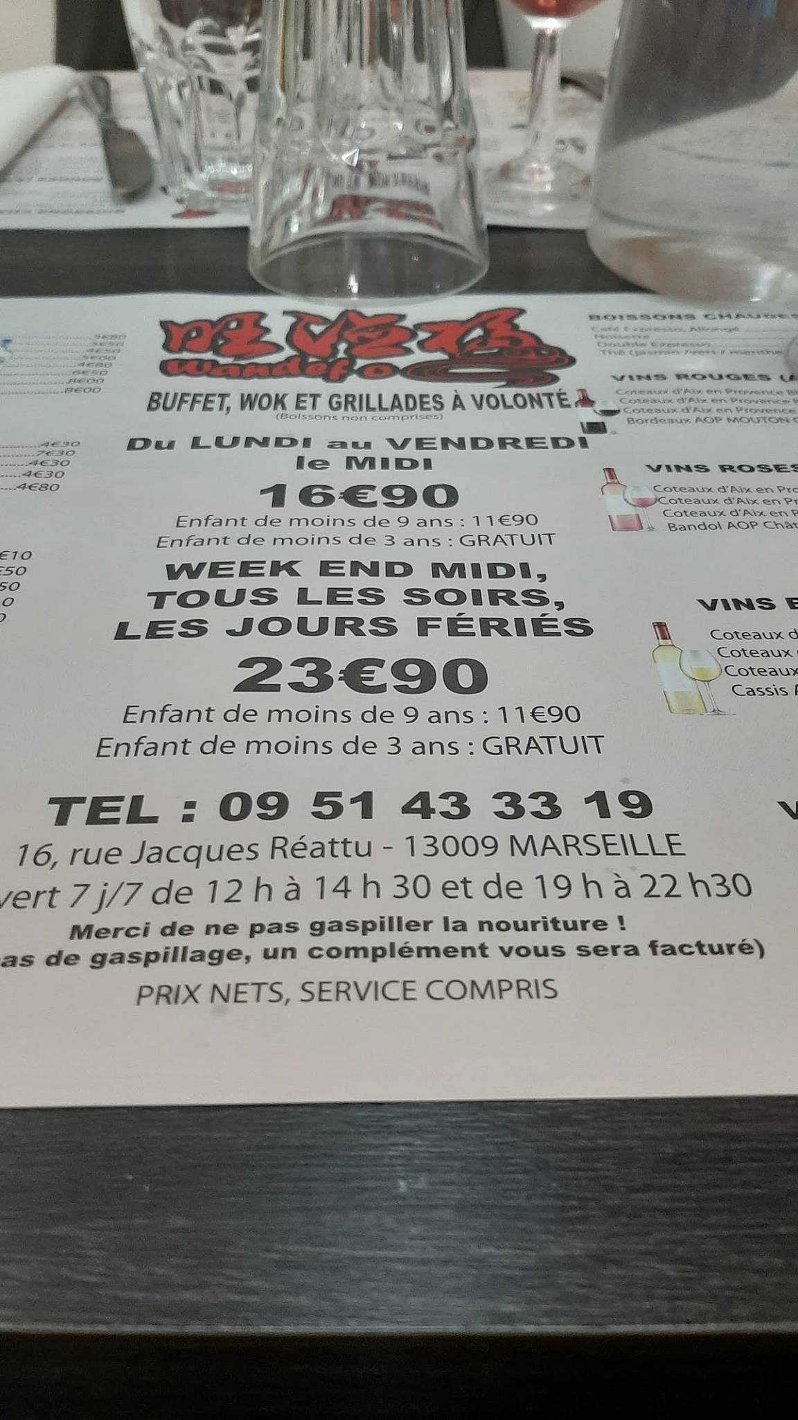 Menu at WANDEF'O restaurant, Marseille