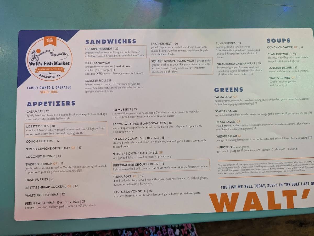 Menu at Walt's Fish Market Restaurant, Sarasota