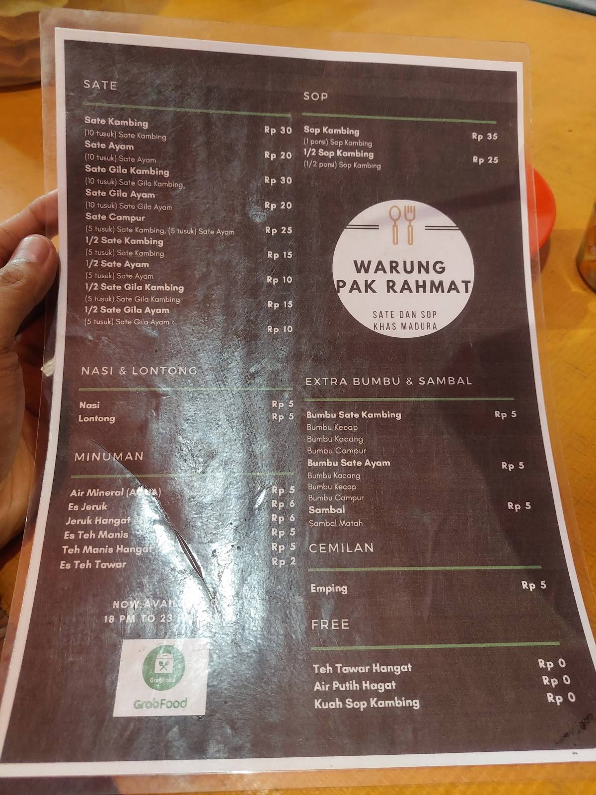 Carta del restaurante Warung Pak Rahmat (Sate dan Sop Kambing), Central ...