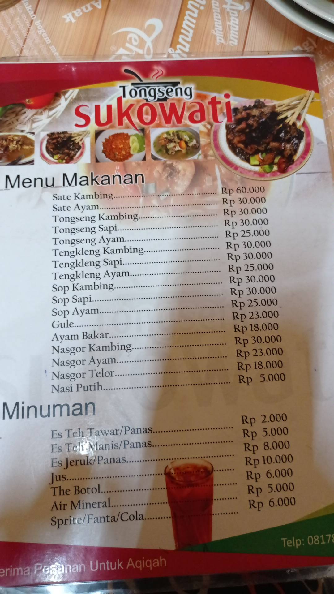 Menu at Warung Sate Solo Sukowati restaurant, Central Jakarta