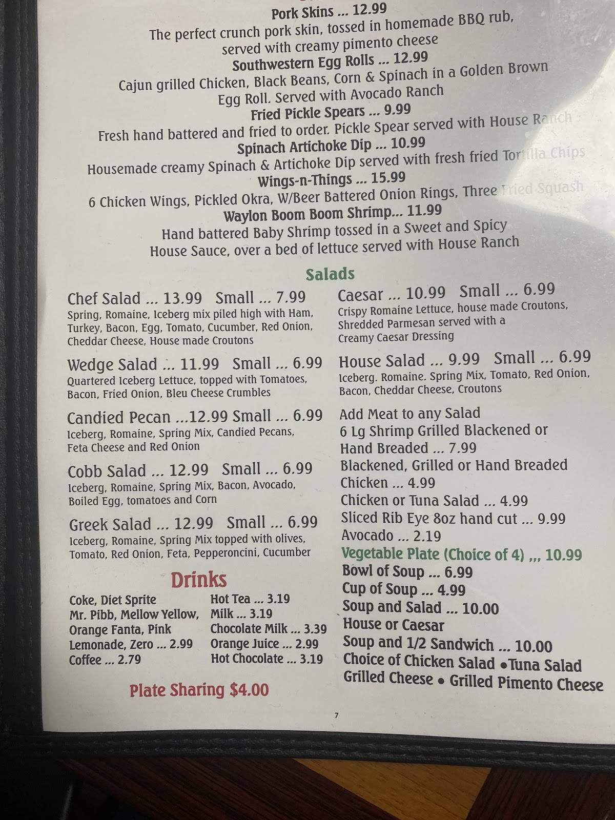 Menu at Waylon & Honey’s Southern Kitchen restaurant, Waynesville