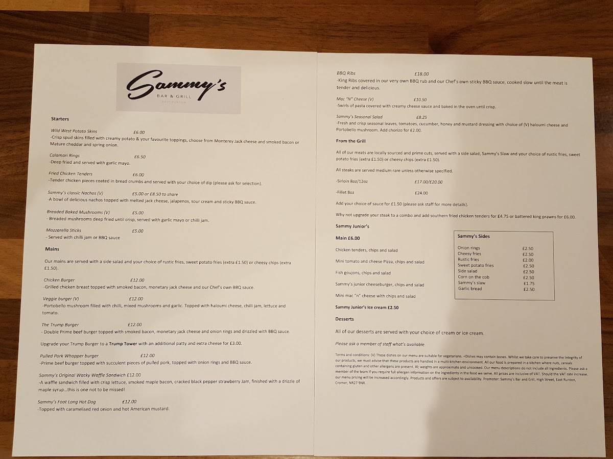 Menu at Sammy's Bar and Grill, Cromer, High St