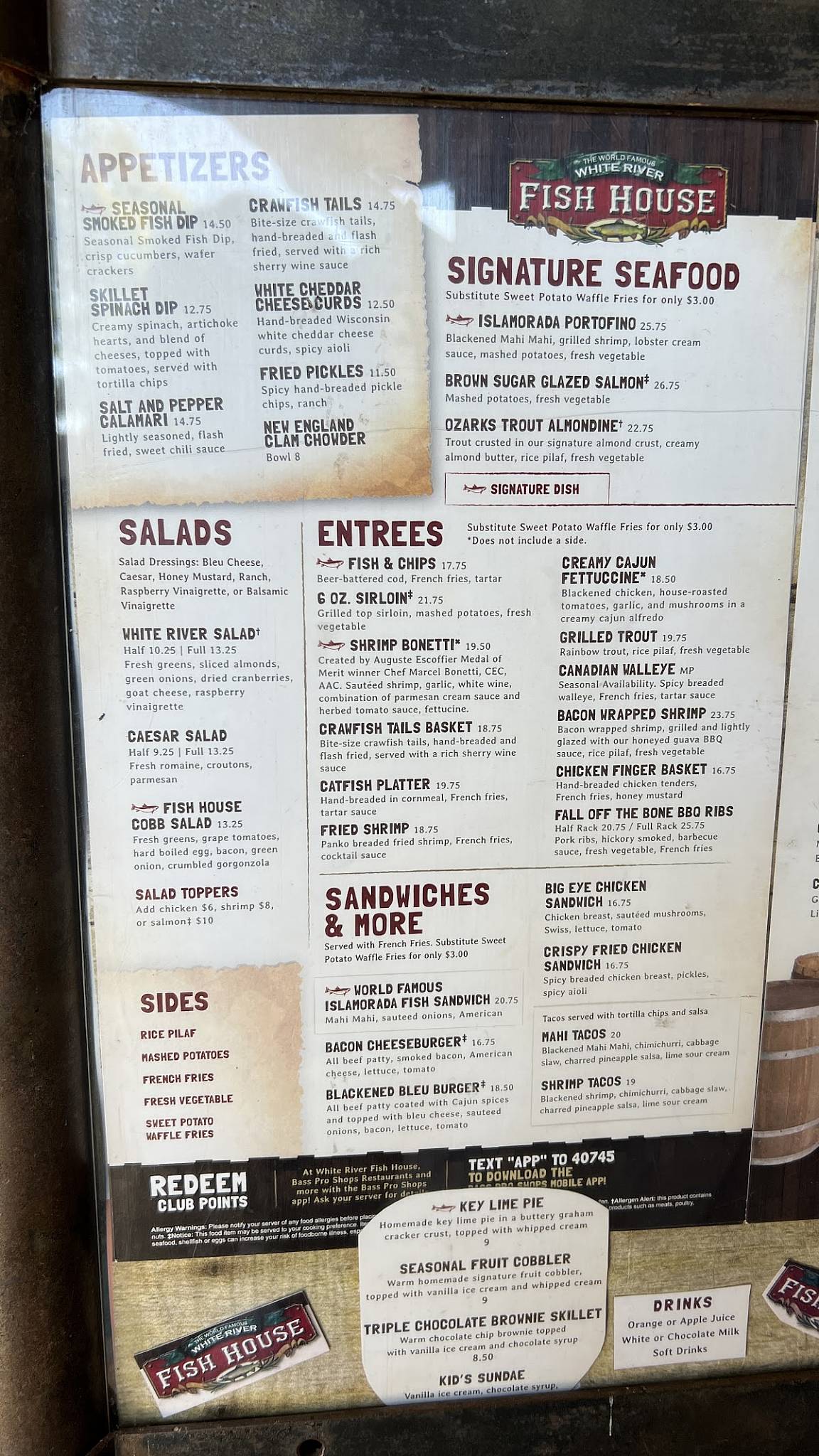 Menu at White River Fish House restaurant, Branson