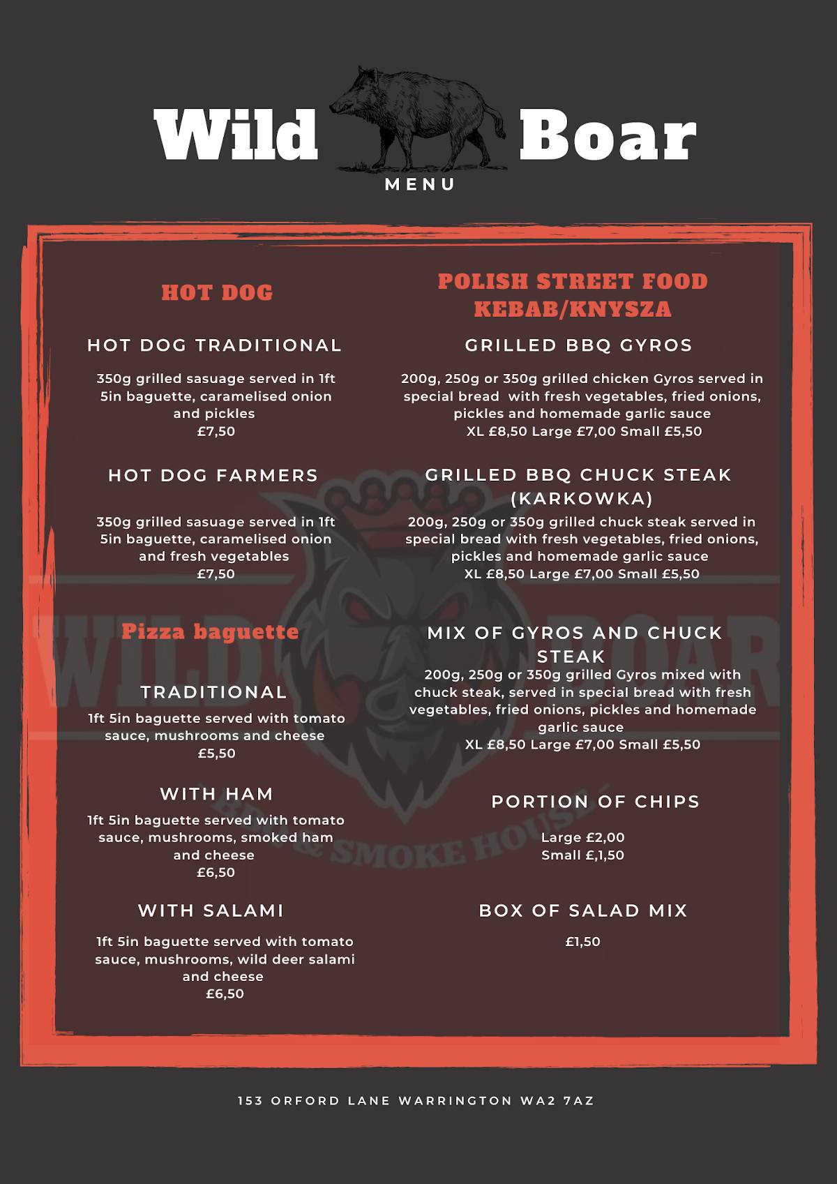 Menu at Wild Boar, Warrington