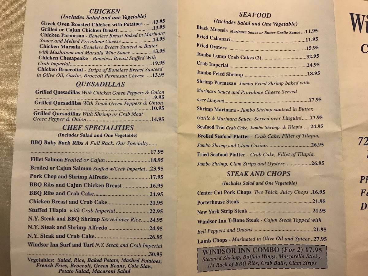 Menu at Windsor Inn Crab House restaurant, Milford Mill