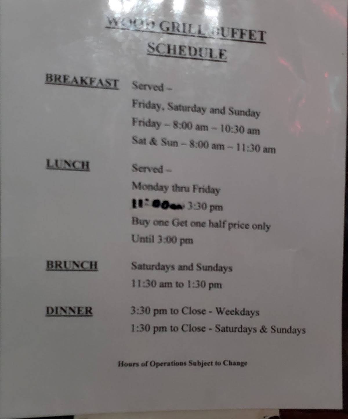 Menu at Wood Grill Buffet restaurant, Pigeon Forge
