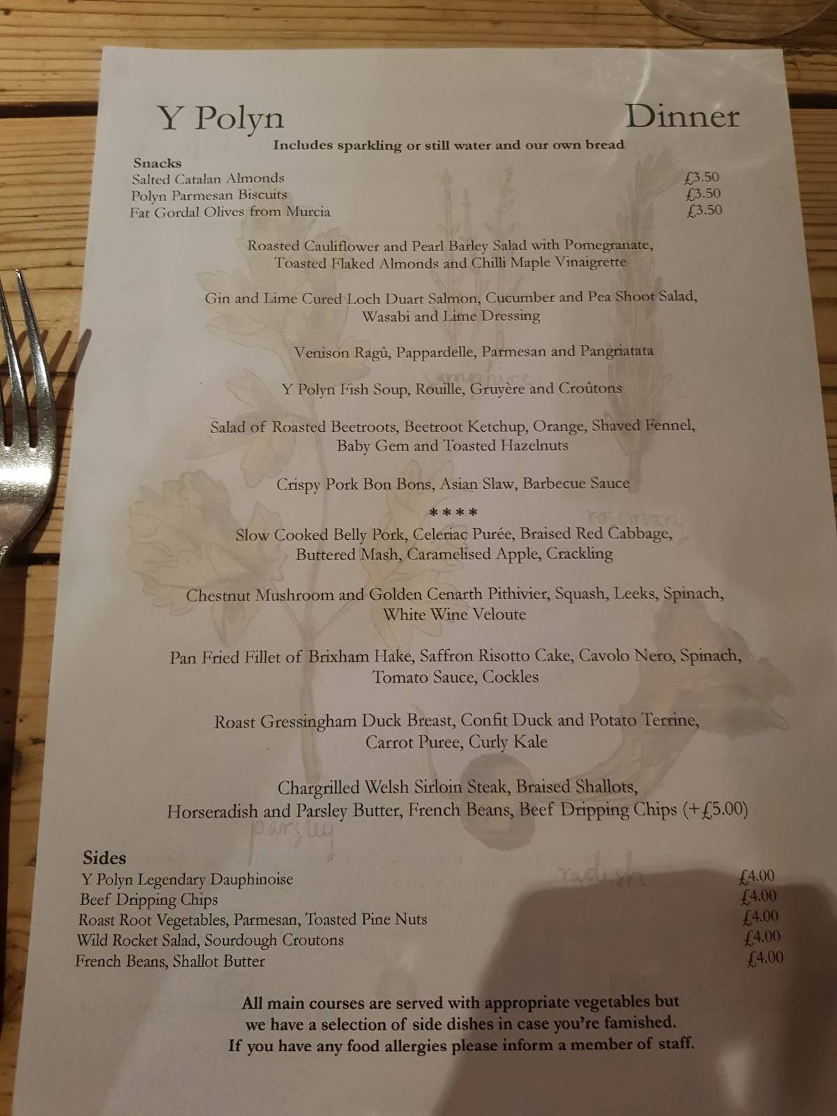 Menu at Y Polyn restaurant, Porthyrhyd, Nantgaredig