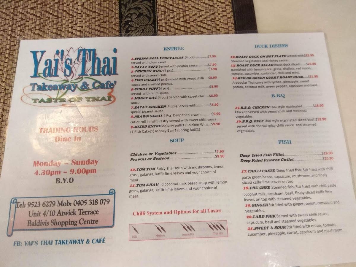 Menu at Yai’s Thai Takeaway & Cafe, Baldivis