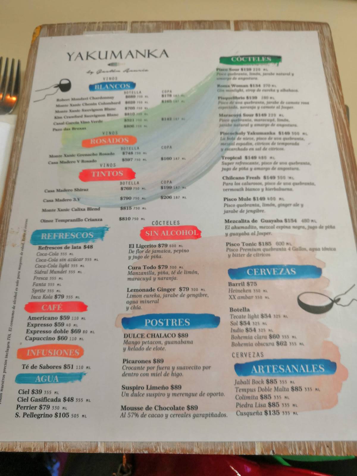 Carta del restaurante Yakumanka, Ciudad López Mateos