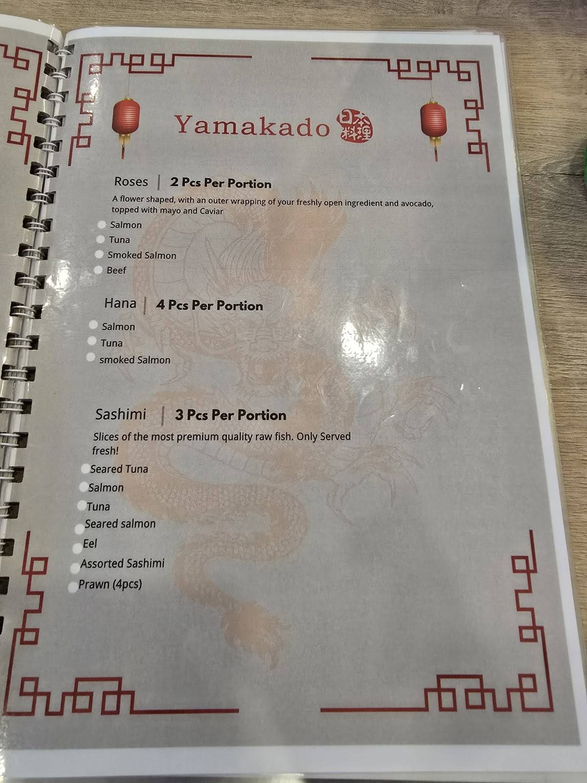 Menu at Yamakado Sushi Restaurant, Pretoria, The Grove Mall