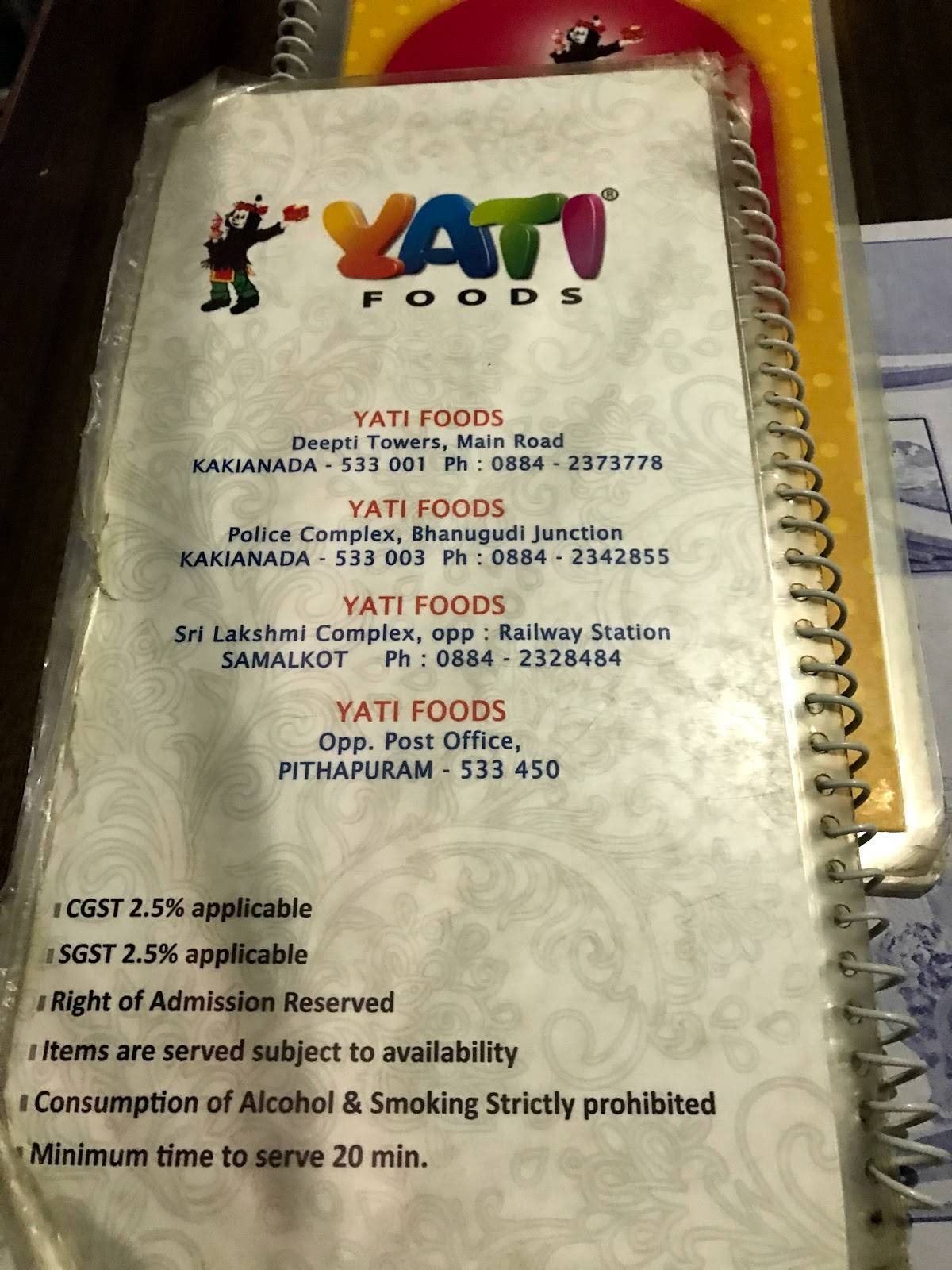 Menu at Yati foods, Kakinada, NH 214